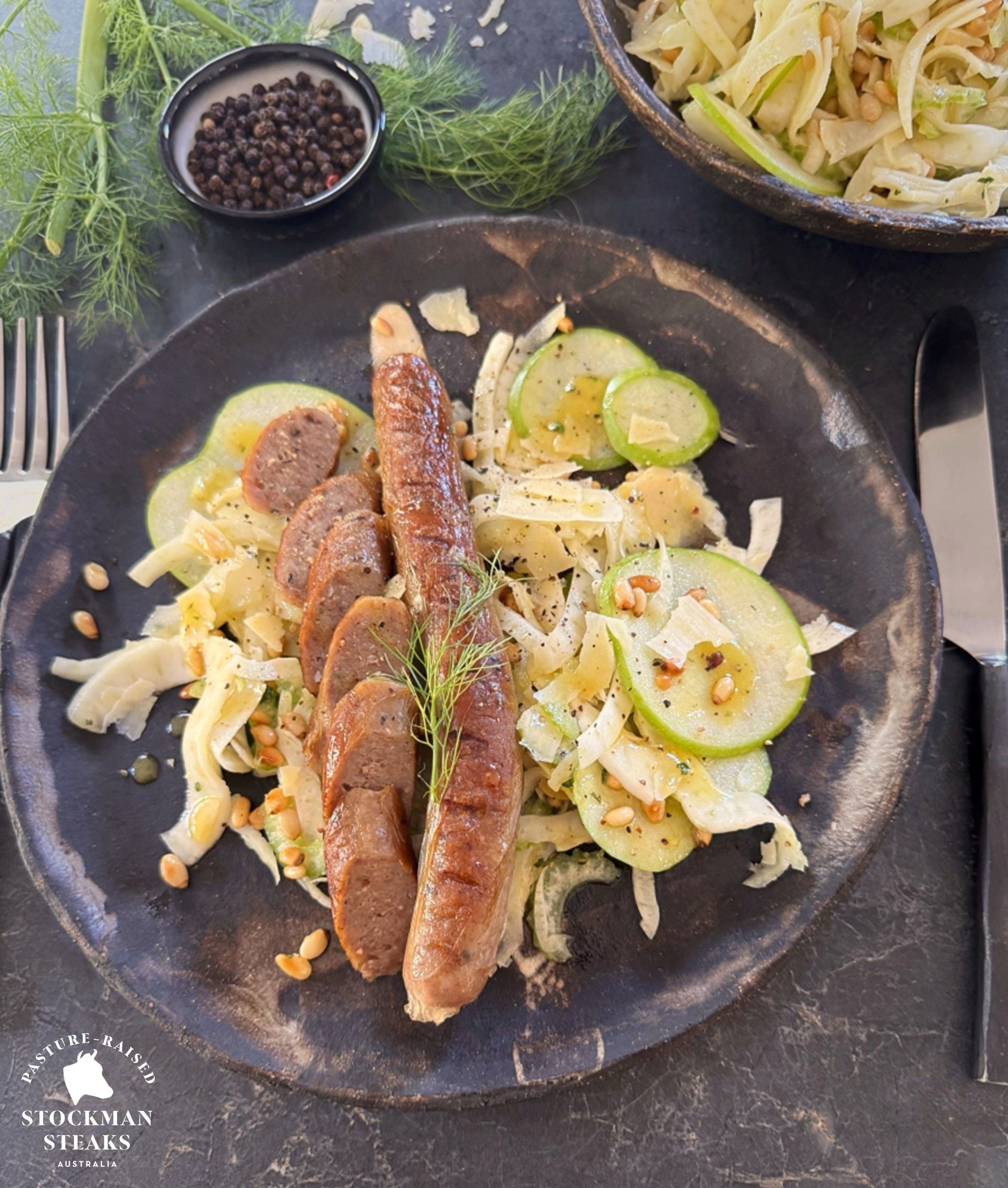 Angus & Black Pepper Sausages with Fennel & Apple Crunch – Stockman Steaks