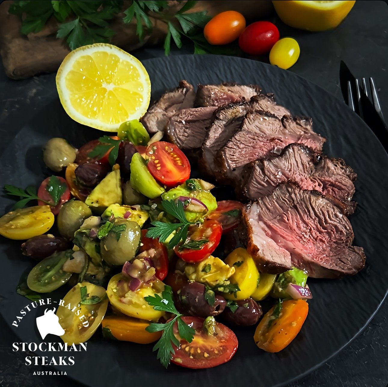 Lamb Rump With Tomato & Olive Salad – Stockman Steaks
