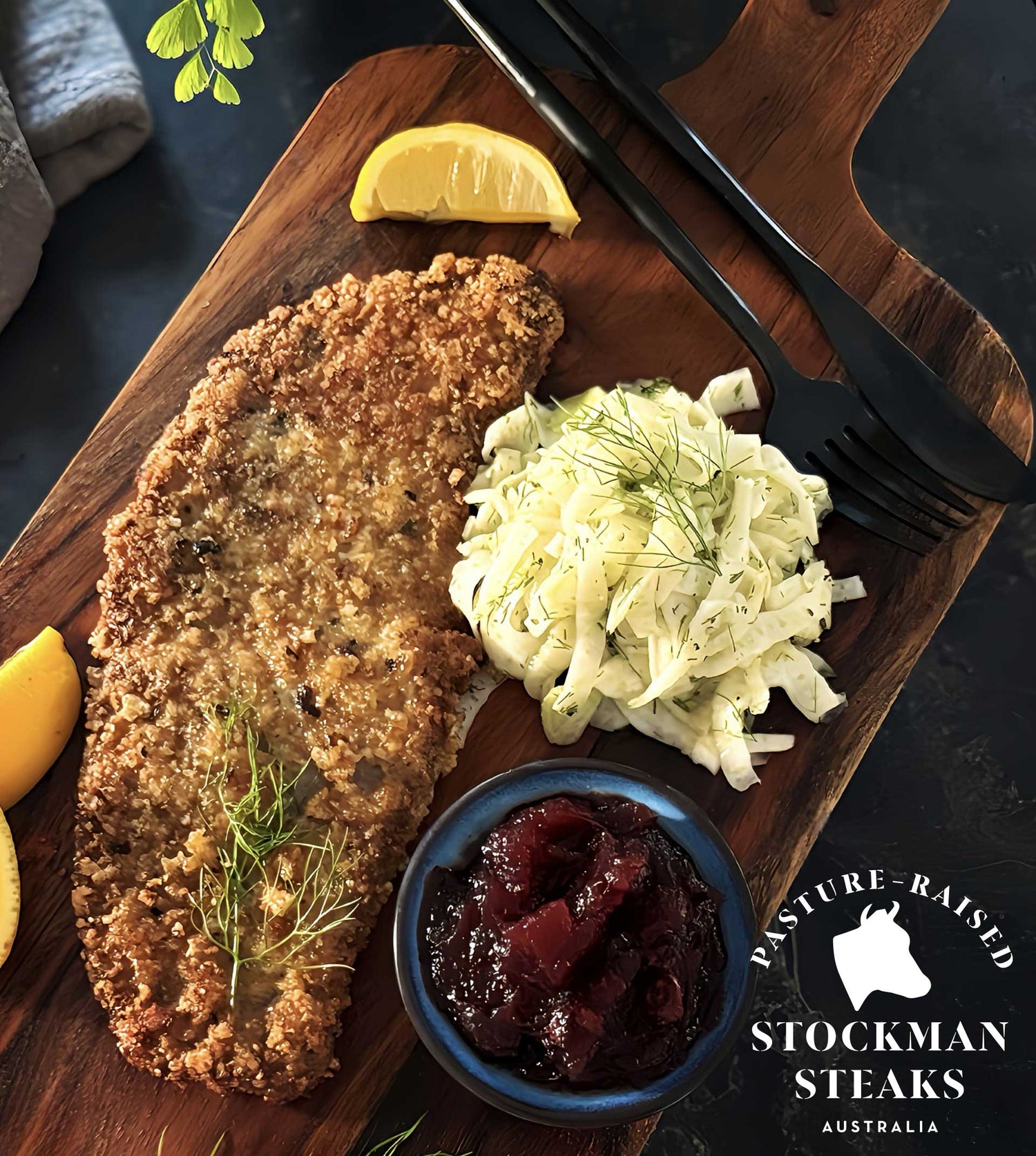Pork crackle crumbed veal schnitzel with fennel salad – Stockman Steaks