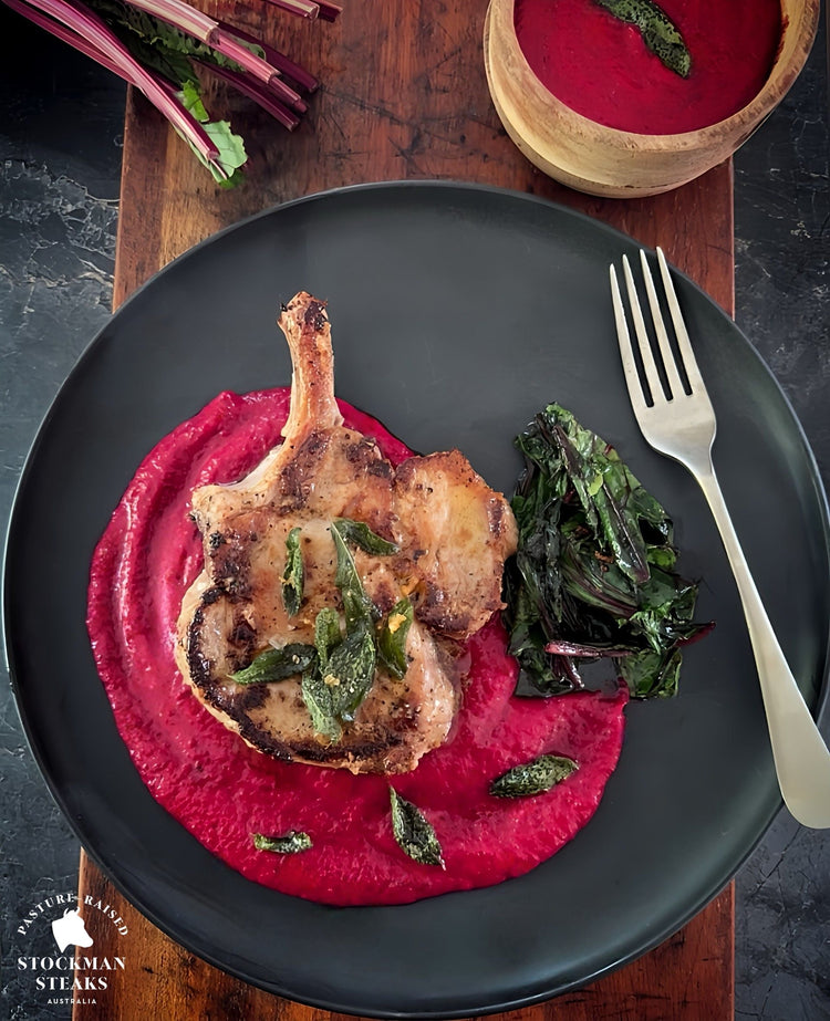 Sage butter pork with beetroot mash – Stockman Steaks