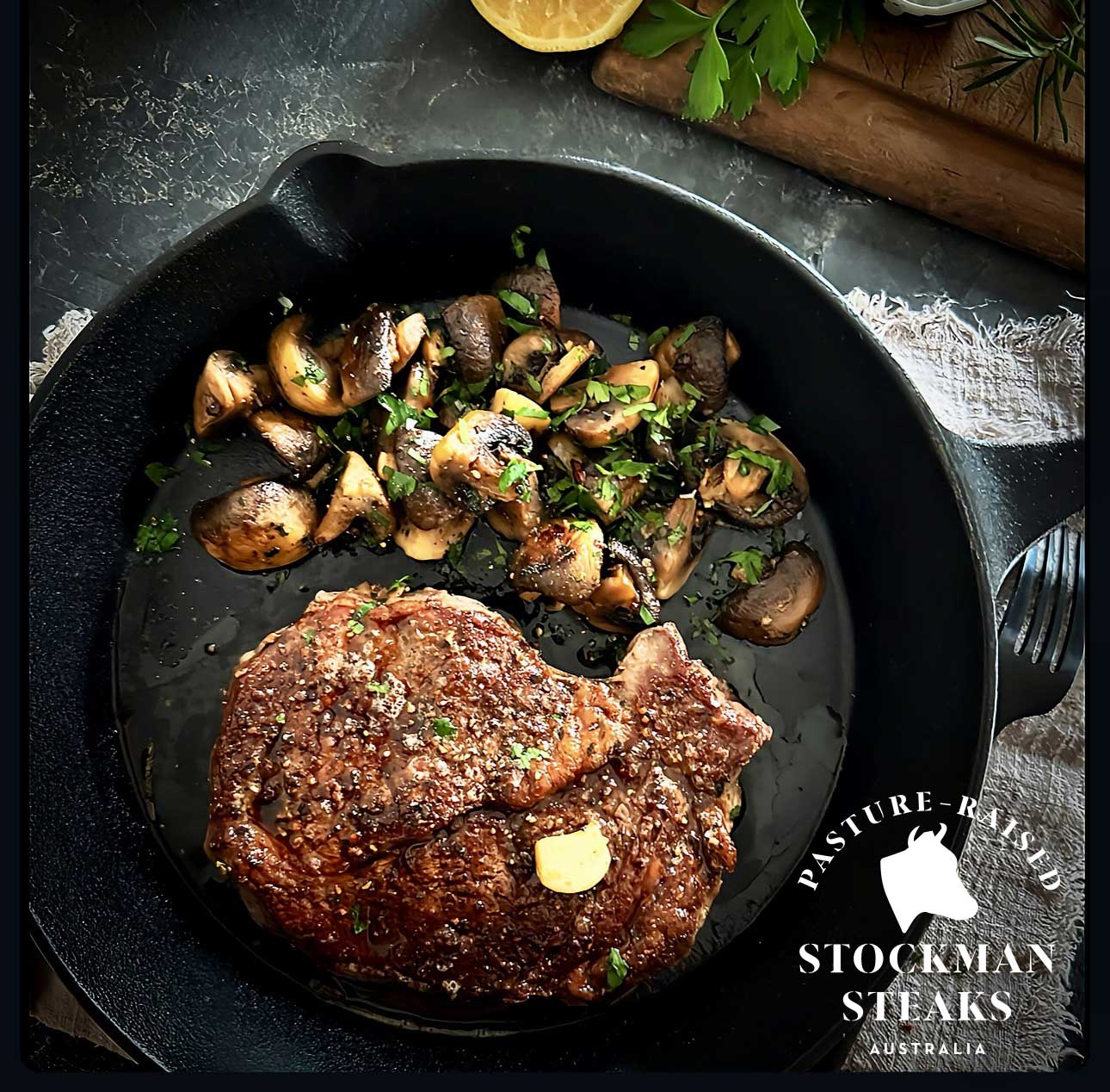 Scotch fillet with garlic butter mushrooms – Stockman Steaks